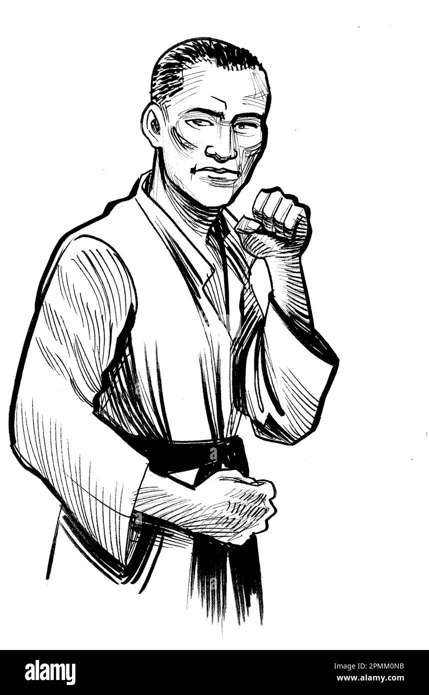 Karate fighter. Ink black and white hand-drawn on paper drawing Stock ...