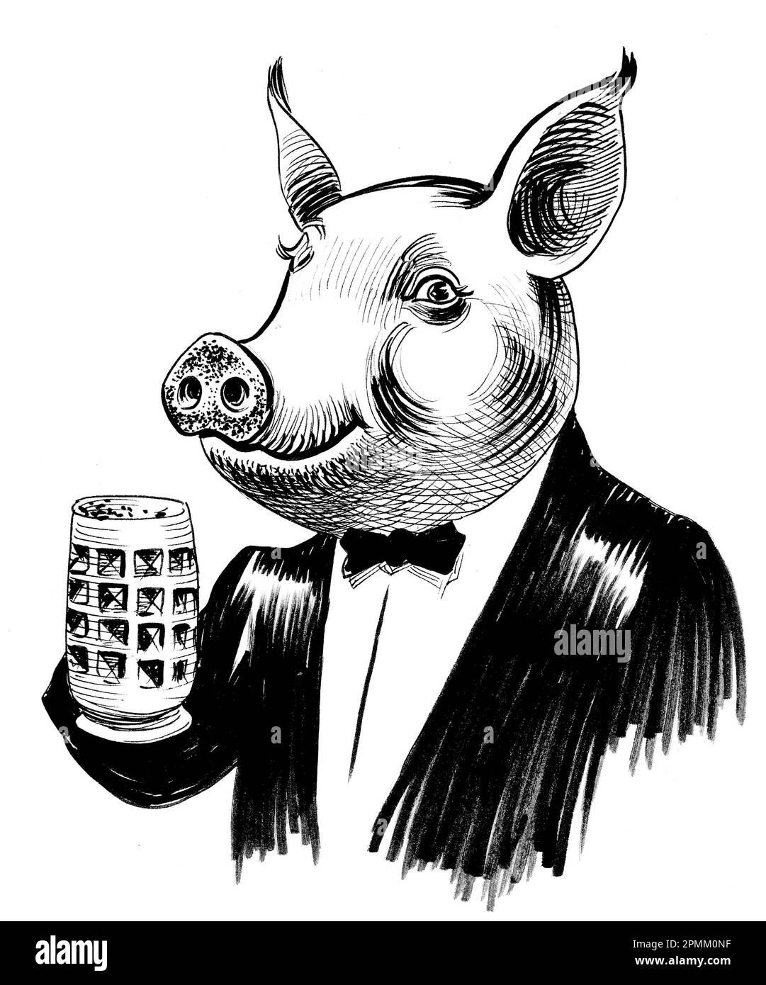 Pig in suit drinking a mug of beer. Ink black and white drawing Stock ...