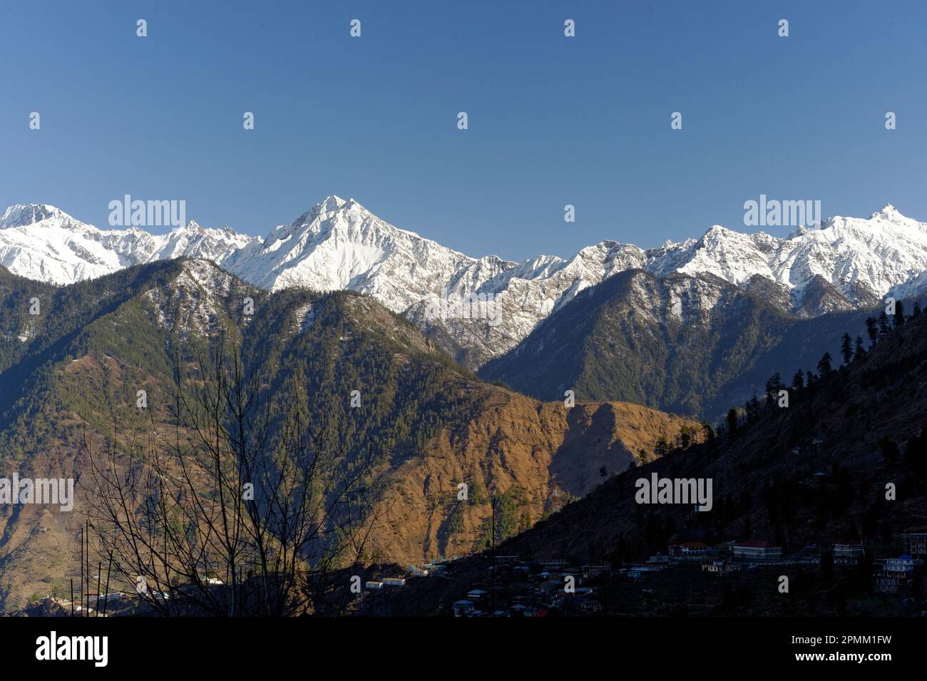 View of a snow capped Himalayan mountains in morning time near Sarahan ...