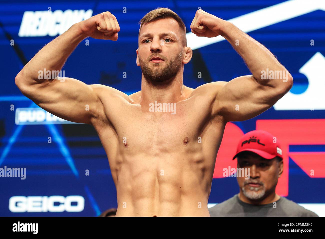 Las Vegas, NV, USA. 13th Apr, 2023. Welterweight David Zawada on stage ...