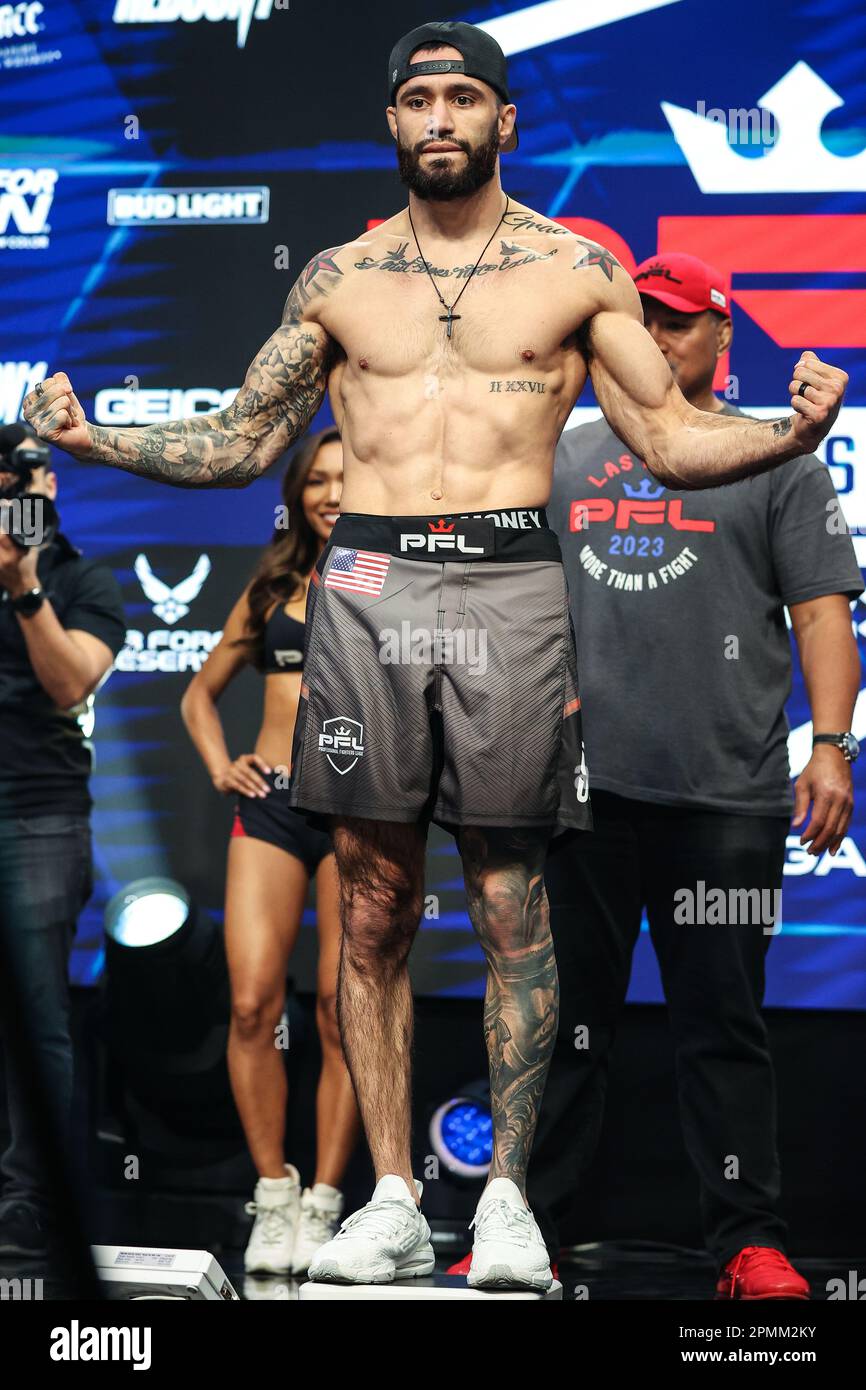 Las Vegas, NV, USA. 13th Apr, 2023. Lightweight Shane Burgosn on stage ...