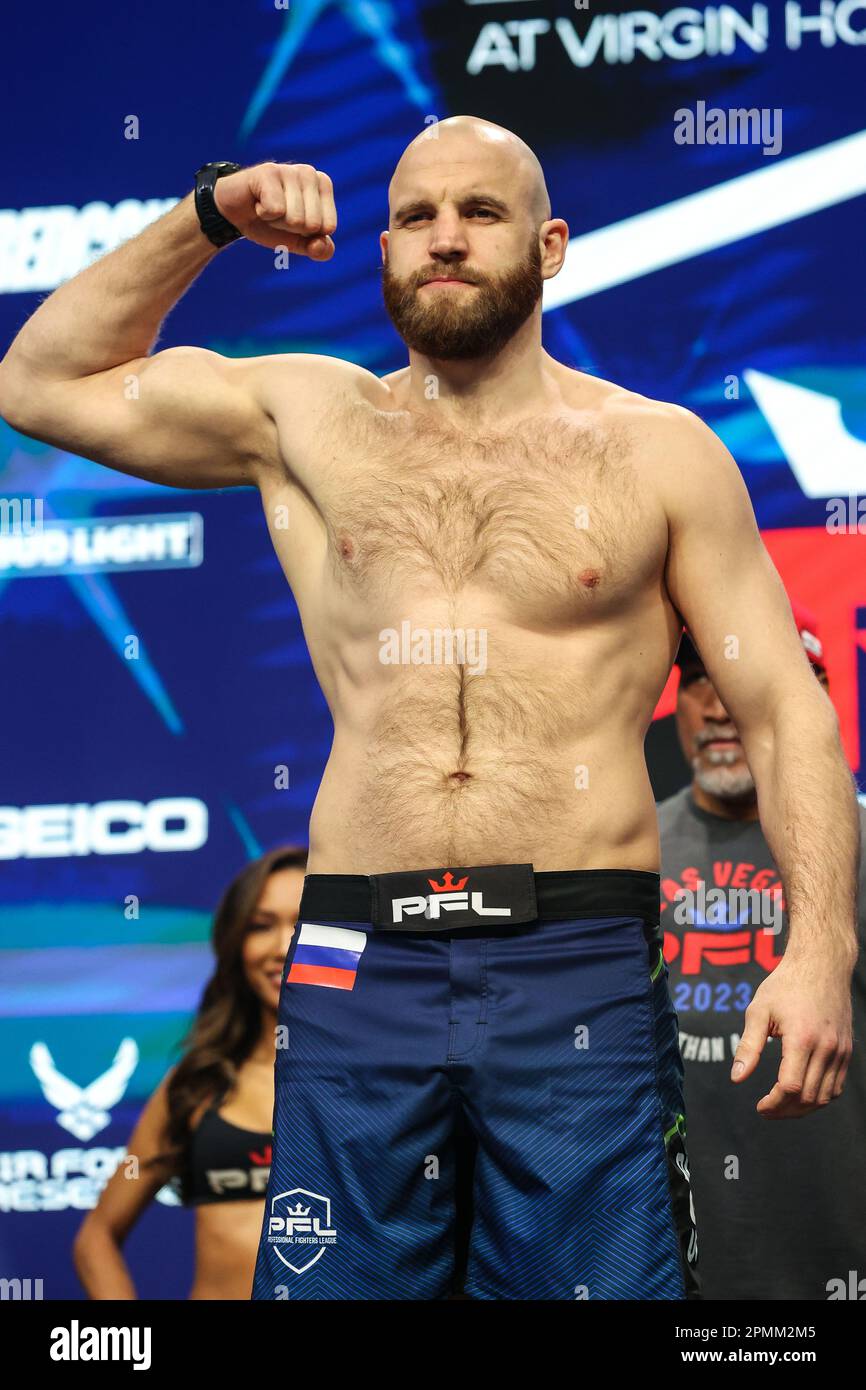 Las Vegas, NV, USA. 13th Apr, 2023. Heavyweight Denis Goltsov on stage ...