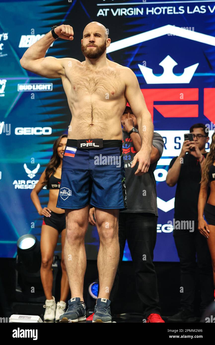 Las Vegas, NV, USA. 13th Apr, 2023. Heavyweight Denis Goltsov on stage ...