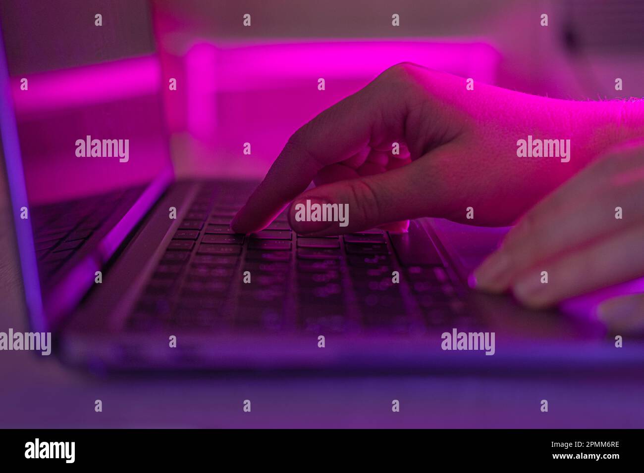 Person typing at laptop computer at night. Female uses keyboard, shakes ...