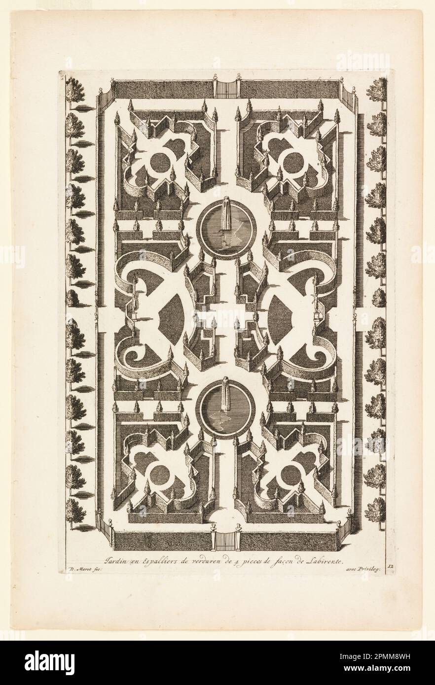 Print, Espalier Garden Fashioned as a Labyrinth with Two Fountains ...