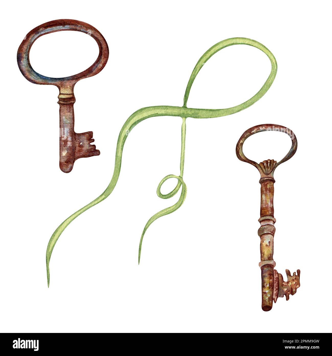 Set of rusty keys and ribbon watercolor illustration isolated on white ...