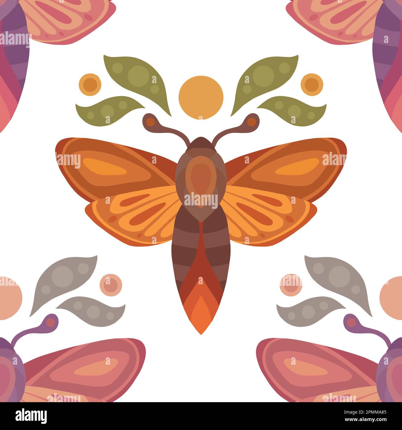 Vector sacral seamless pattern with moths, leaves and moons on white background. Gentle colorful ...