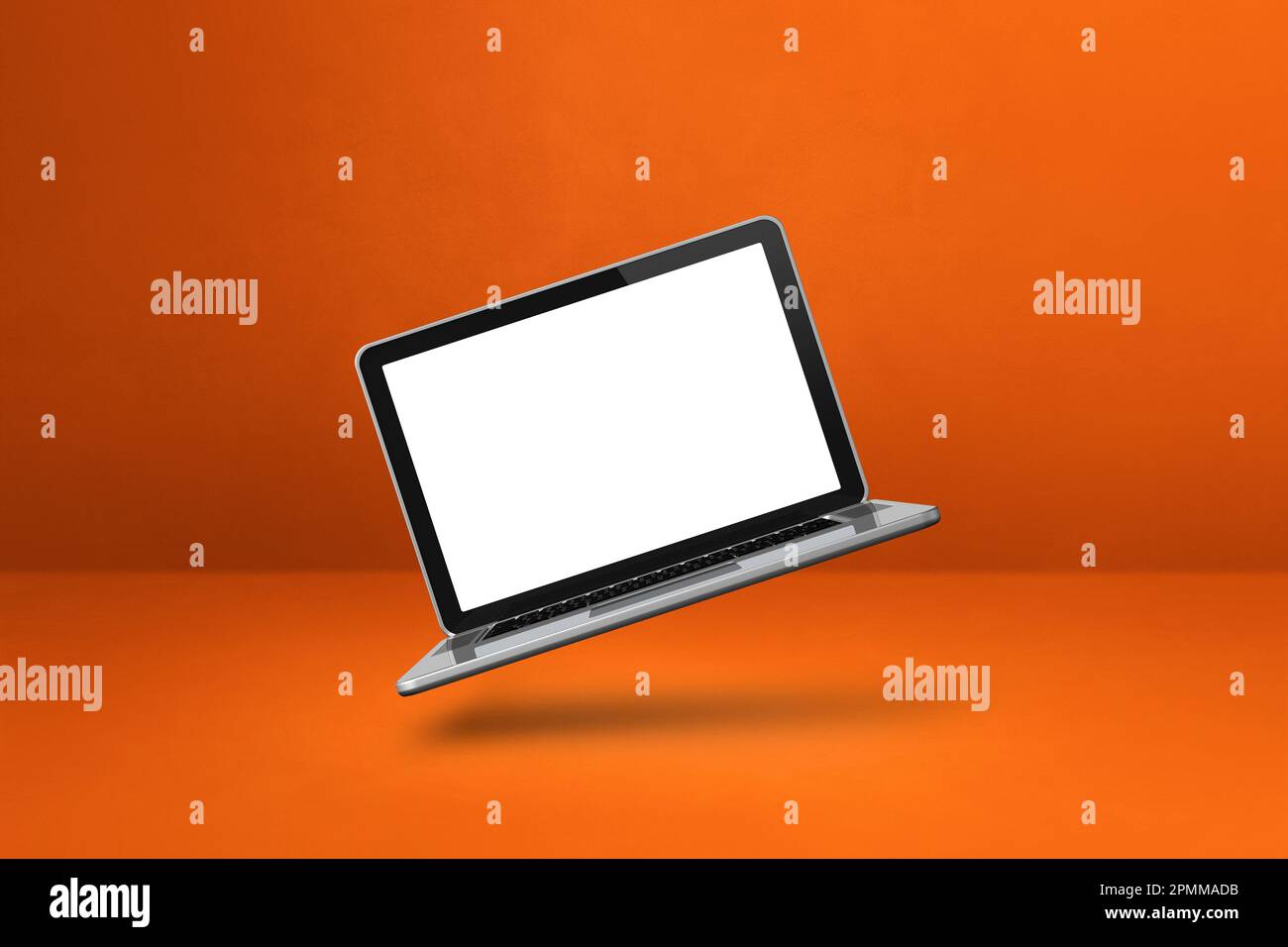 Blank computer laptop floating over an orange background. 3D isolated ...
