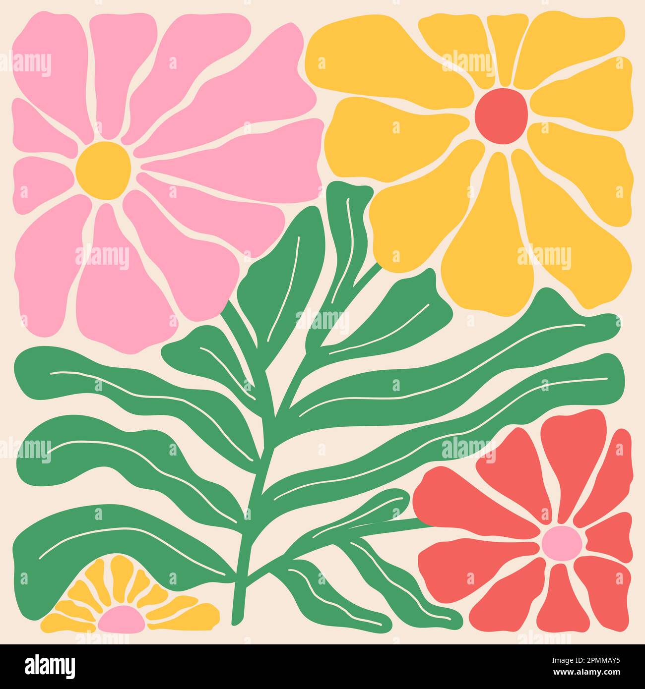 Groovy doodle and abstract organic plant shapes art. Matisse floral poster in trendy retro 60s ...