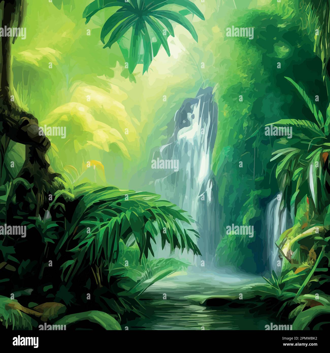 Jungle Waterfall Vector Illustration Fantasy Mystical Fauna Tropical Forest Landscape