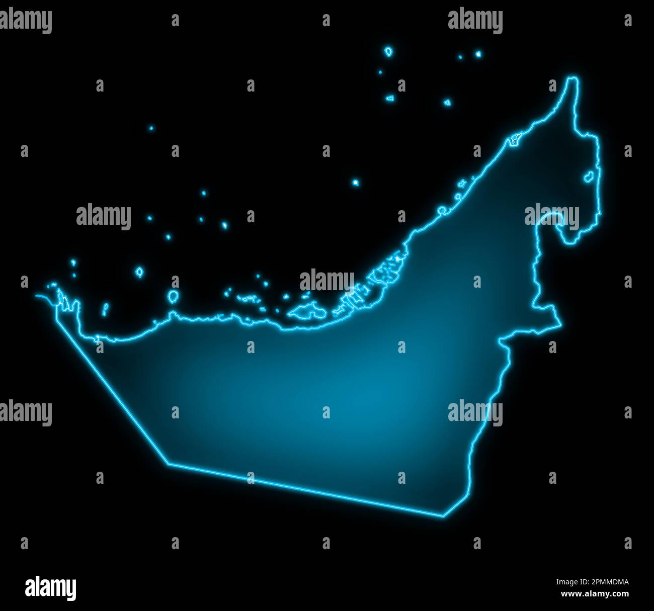 Map of United Arab Emirates, glowing blue outline on a black background ...