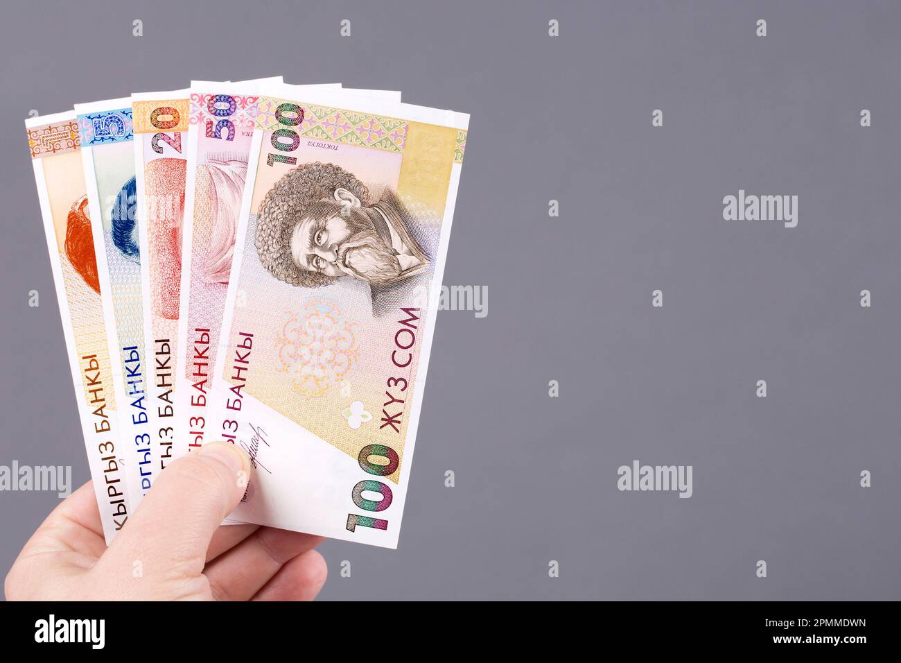 Old Kyrgyz money - som in the hand on a gray background Stock Photo - Alamy