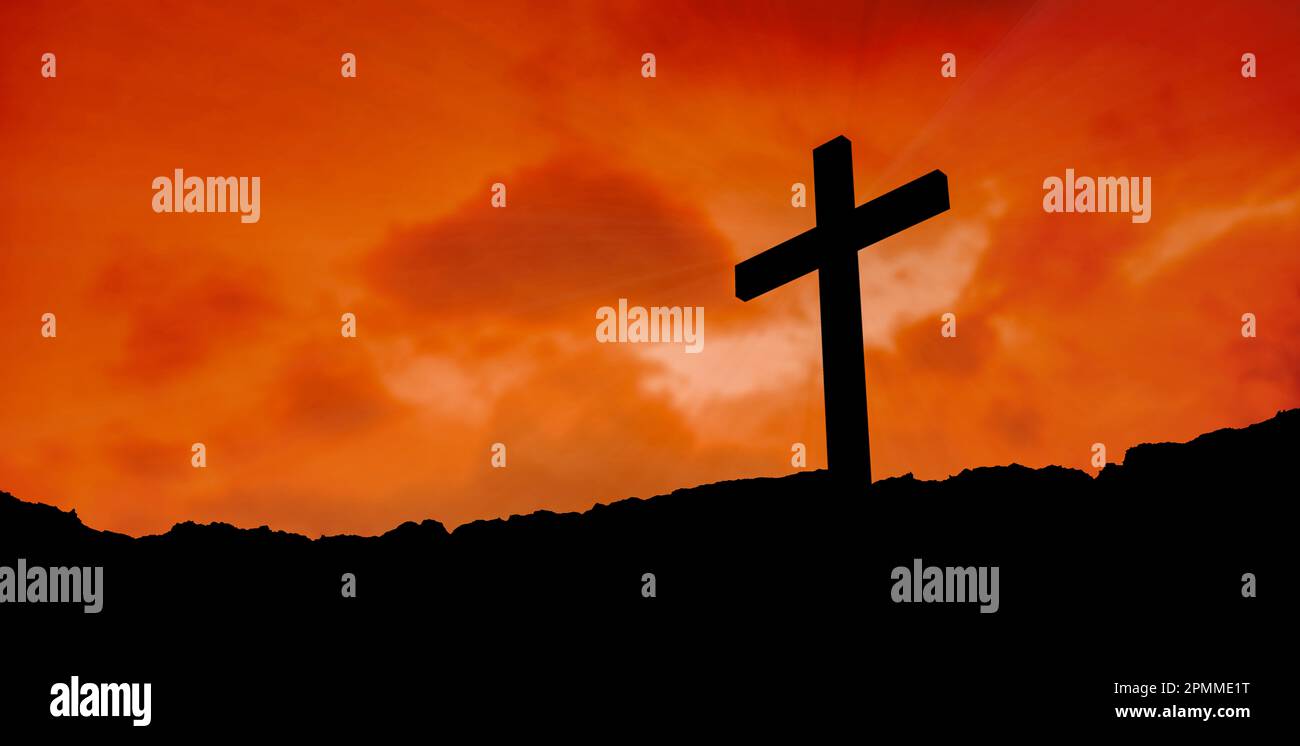 Cross silhouette on sunset sky background christian religion concept 3d ...