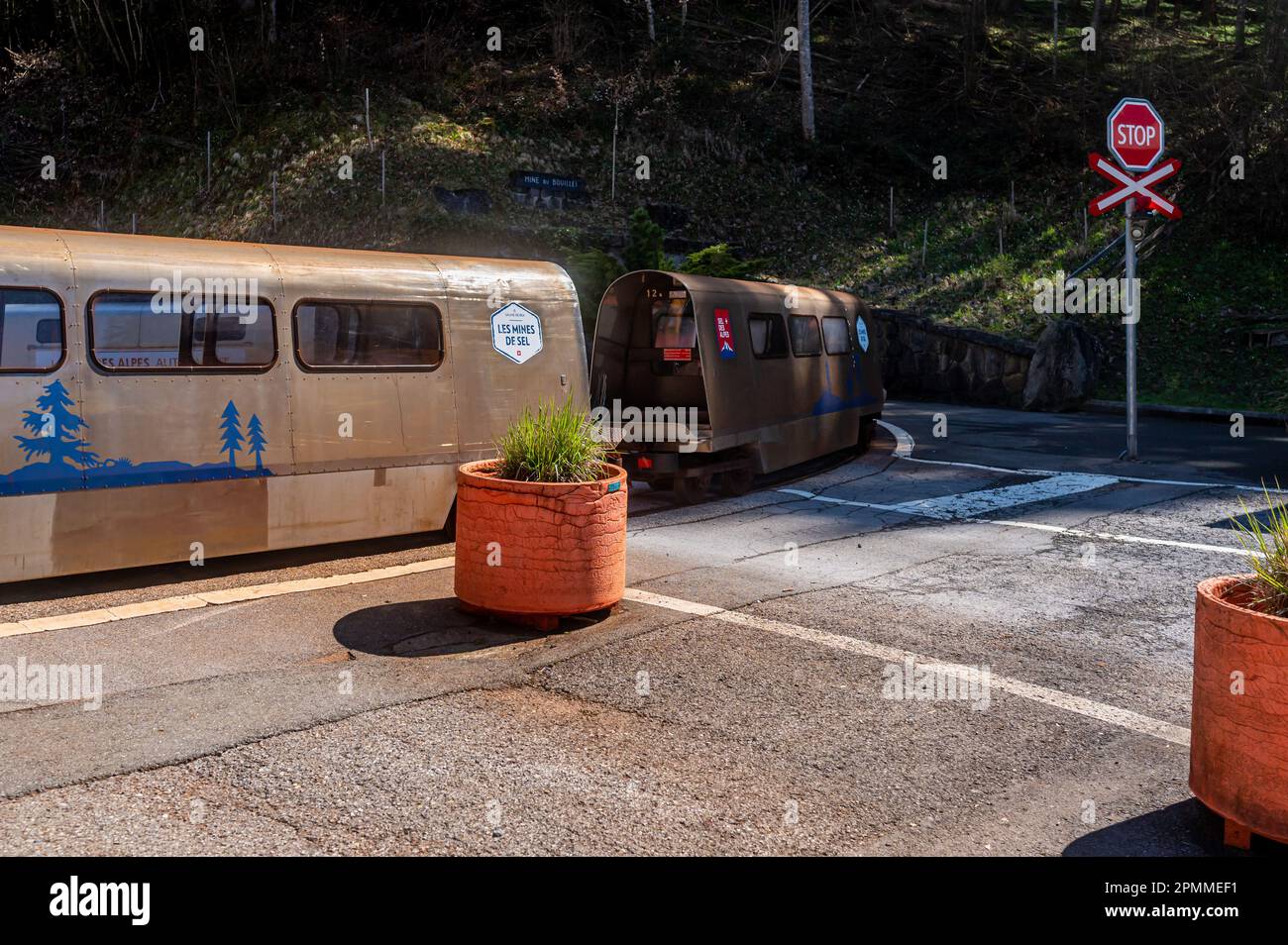 Bex, Vaud Canton, Switzerland - 8 April 2023: Tourists on a cave train ...