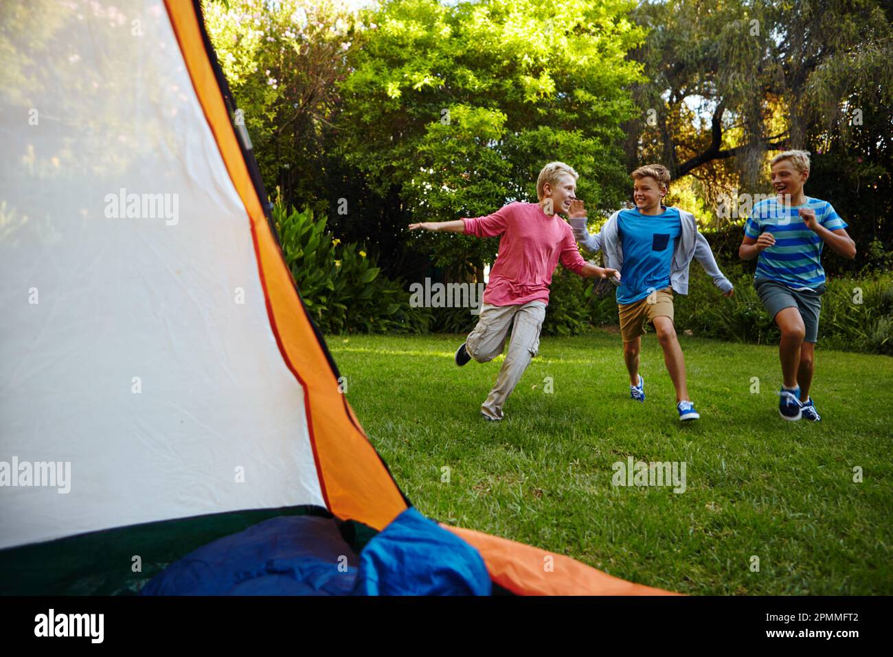 Nature is their playground. Full length shot of three young boys ...