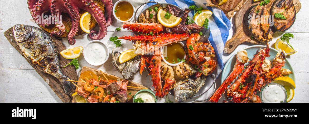 Assortment various barbecue Mediterranean grill food - fish, octopus ...