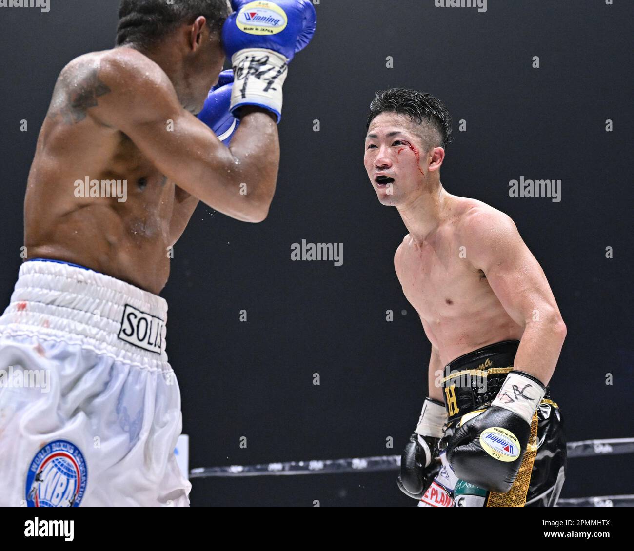 Takuma Inoue (black gloves) of Japan and Liborio Solis (blue gloves) of ...