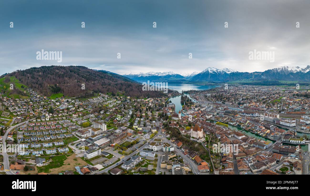aerial panoramic view of the Thun castle in the city of Thun ...