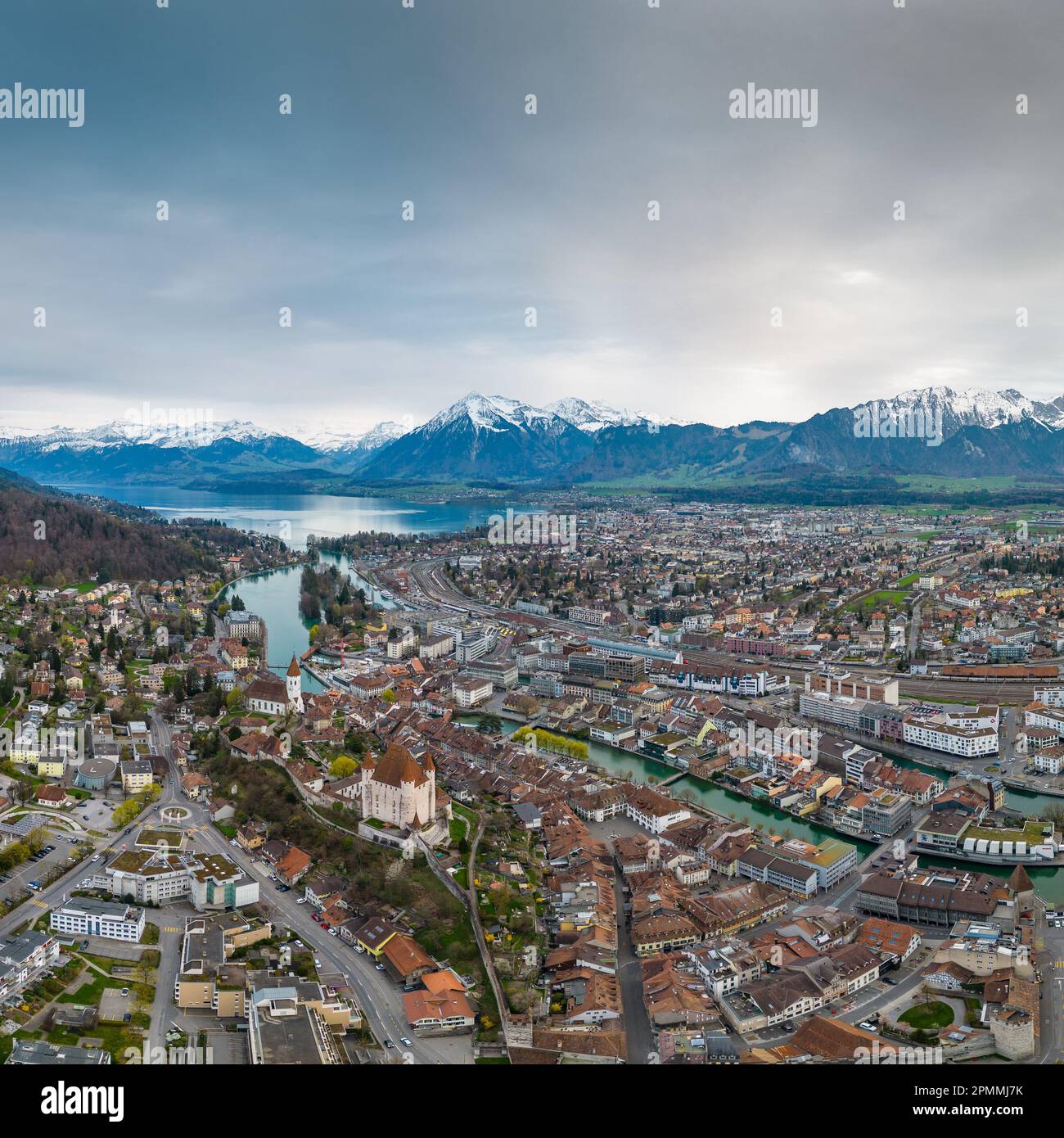 aerial panoramic view of the Thun castle in the city of Thun ...