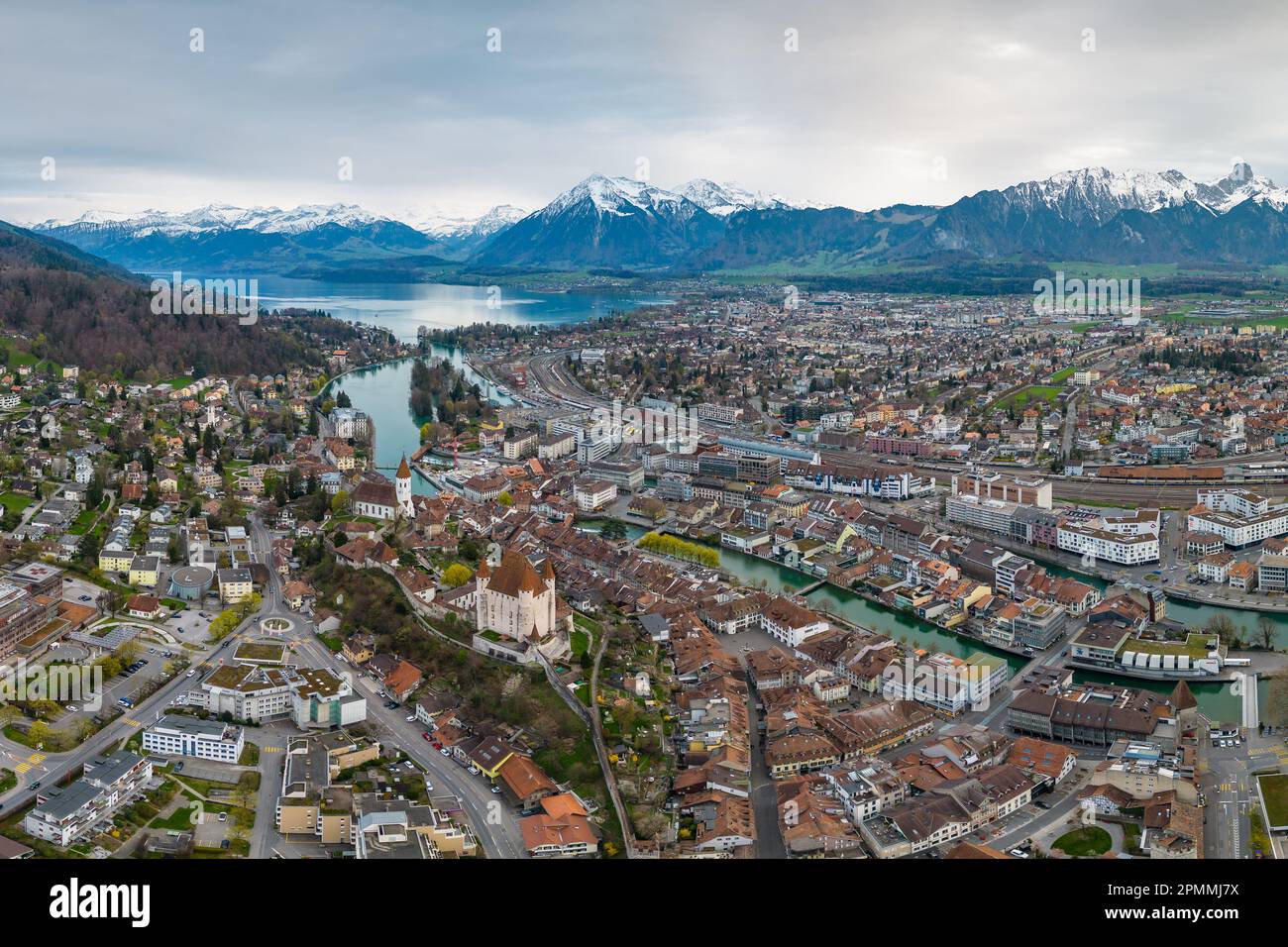 aerial panoramic view of the Thun castle in the city of Thun ...