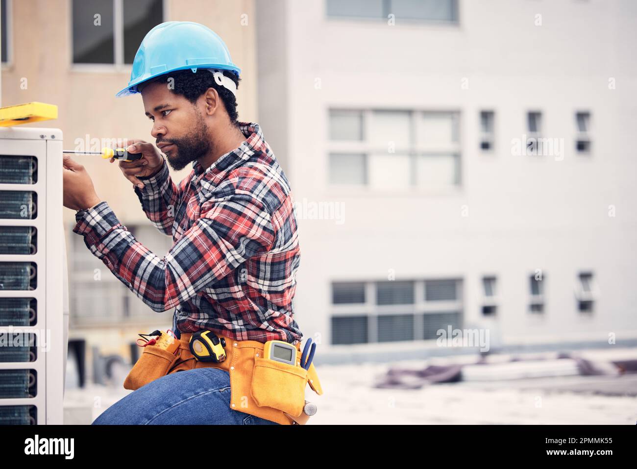 Black man, electrician and maintenance with engineering and ac repair ...