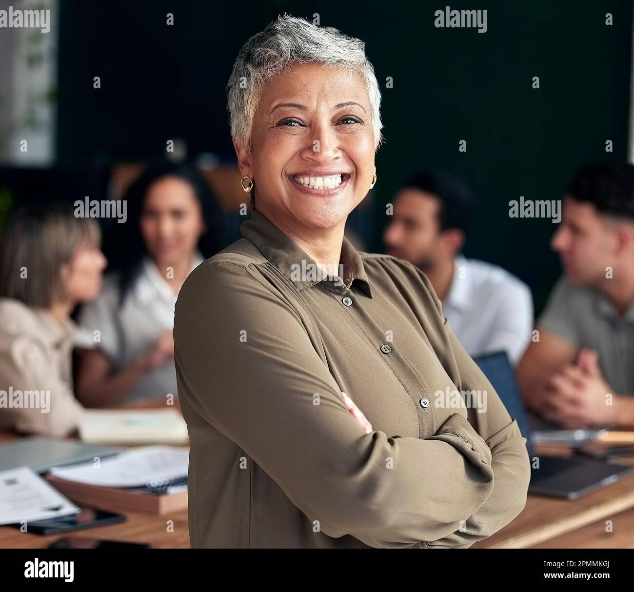 Leader, portrait and woman arms crossed in meeting with professional ...