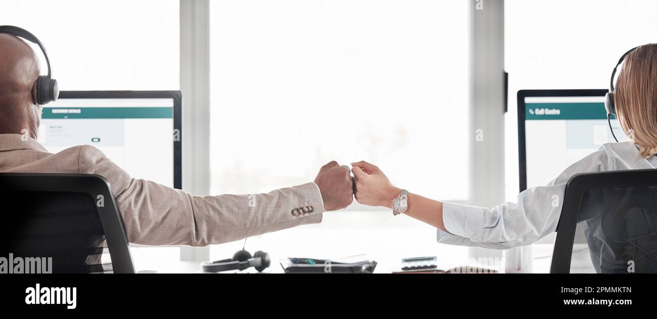 Business people, call center and fist bump for teamwork, collaboration ...