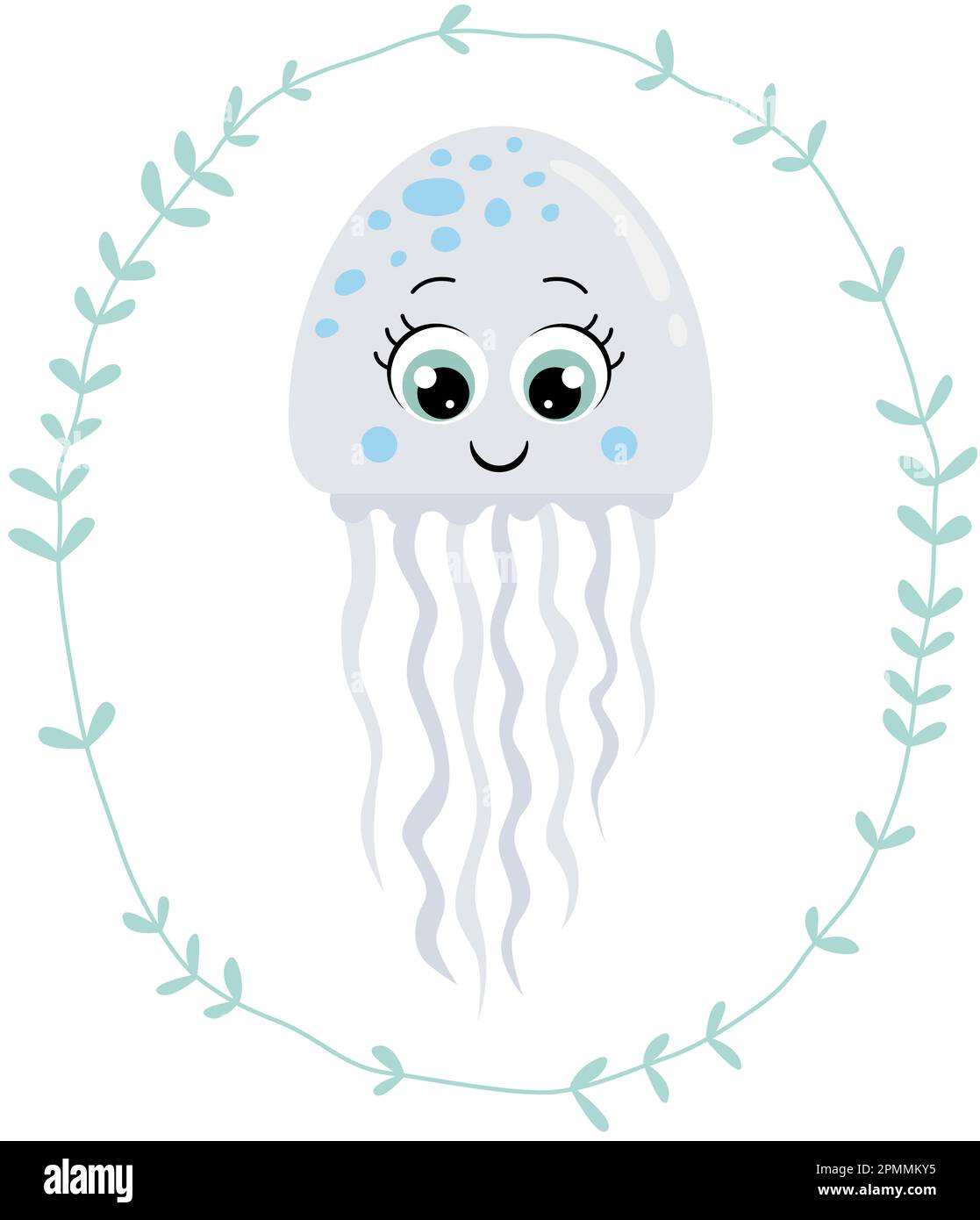 Cute squid inside an oval leaves border Stock Photo - Alamy