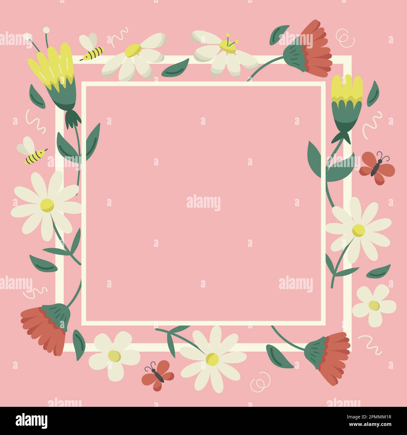 Spring flowers square on pink background with different flat flowers ...
