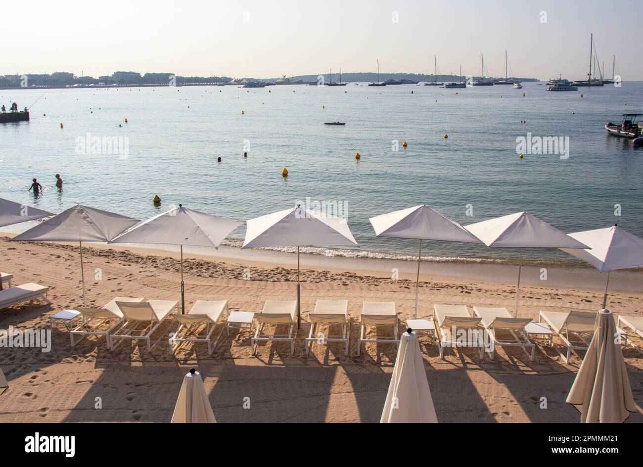 Rows of white umbrellas and sun loungers line the golden sandy beach in ...