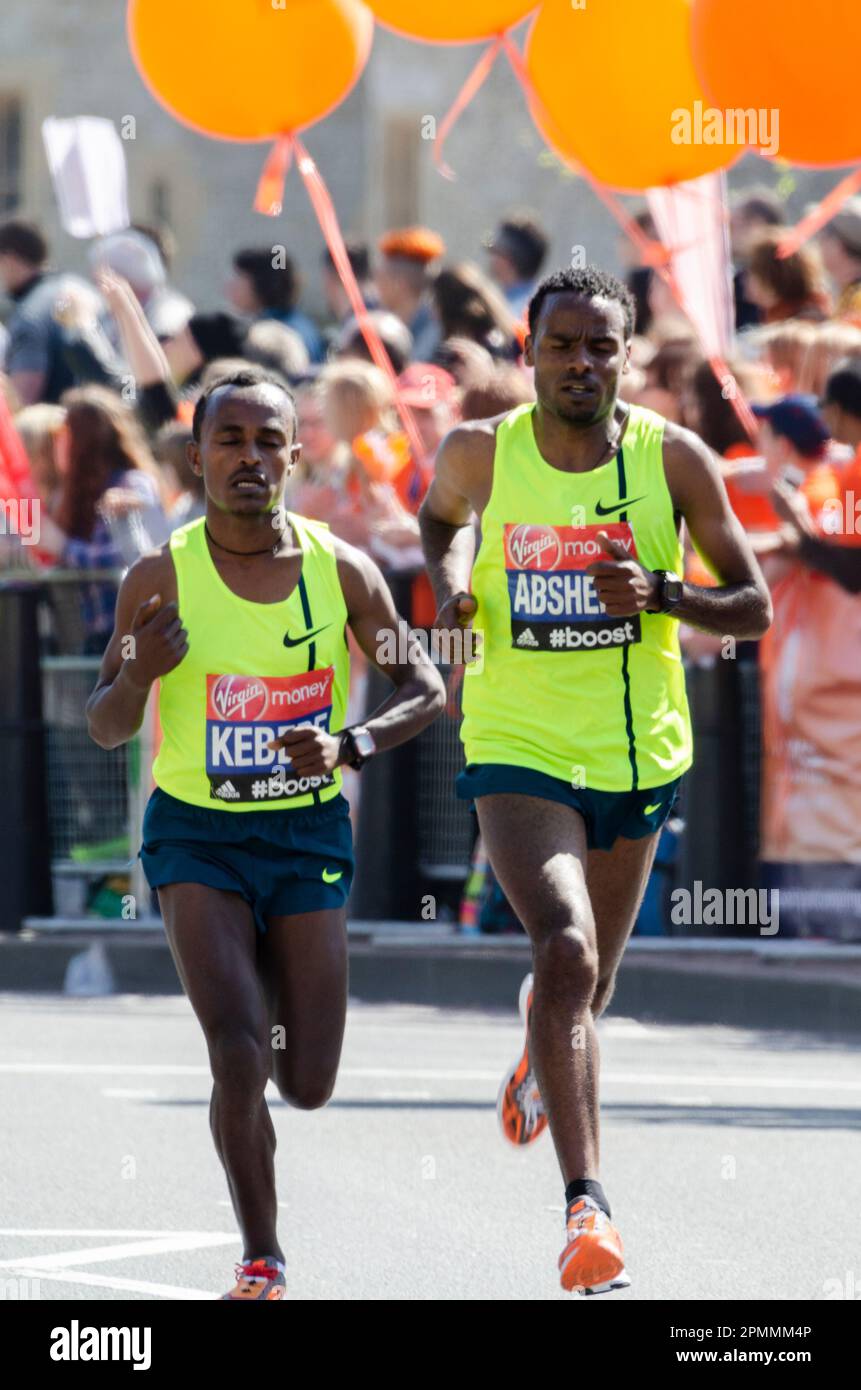 Tsegaye Kebede and Ayele Abshero competing in the London Marathon 2014 ...