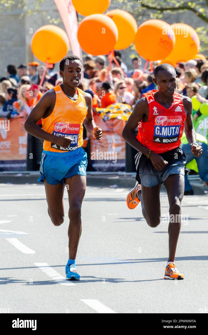Geoffrey Mutai and Tsegaye Mekonnen competing in the London Marathon ...