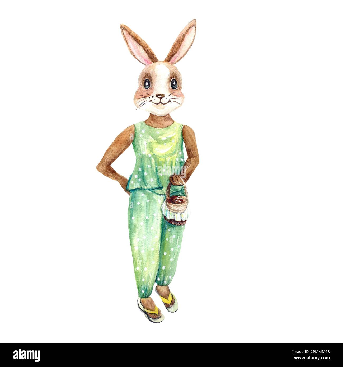 Watercolor vintage girl bunny rabbit in green suit holding bascet ...