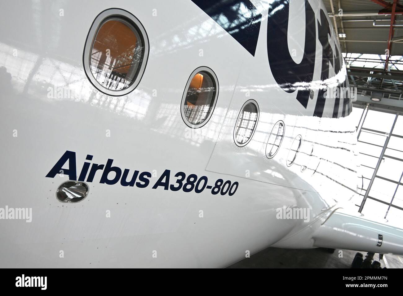Upper Thing, Deutschland. 12th Apr, 2023. Lettering Airbus A380-800 ...