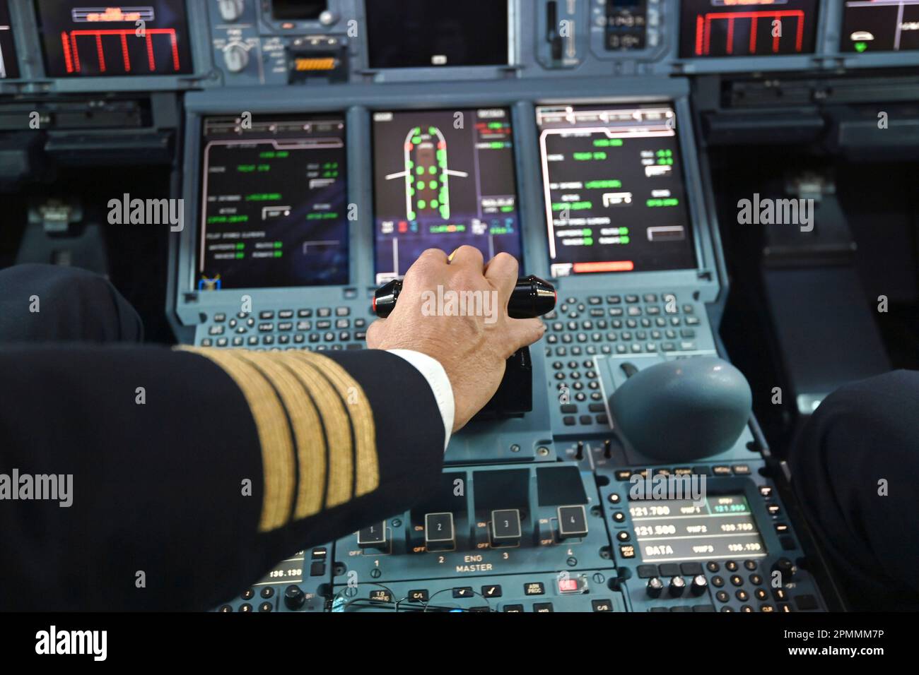 Upper Thing, Deutschland. 12th Apr, 2023. Cockpit, pilot's hand on ...