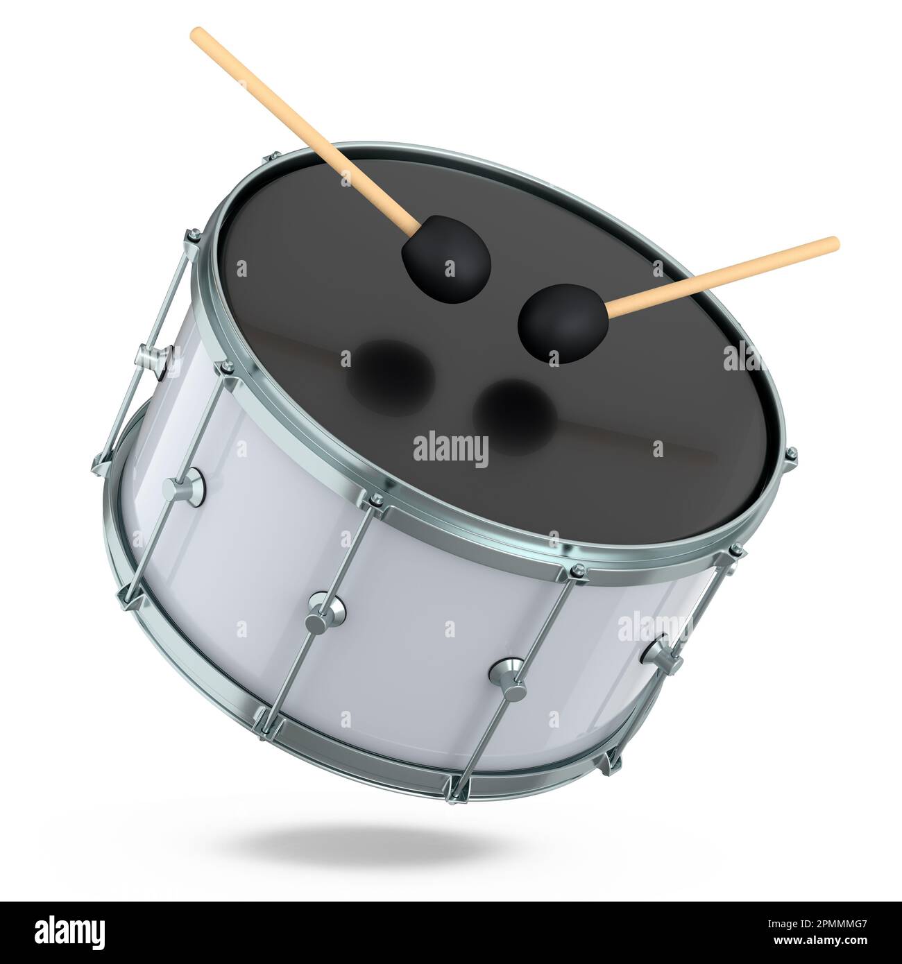 Realistic drum and wooden drum sticks on white background. 3d render ...