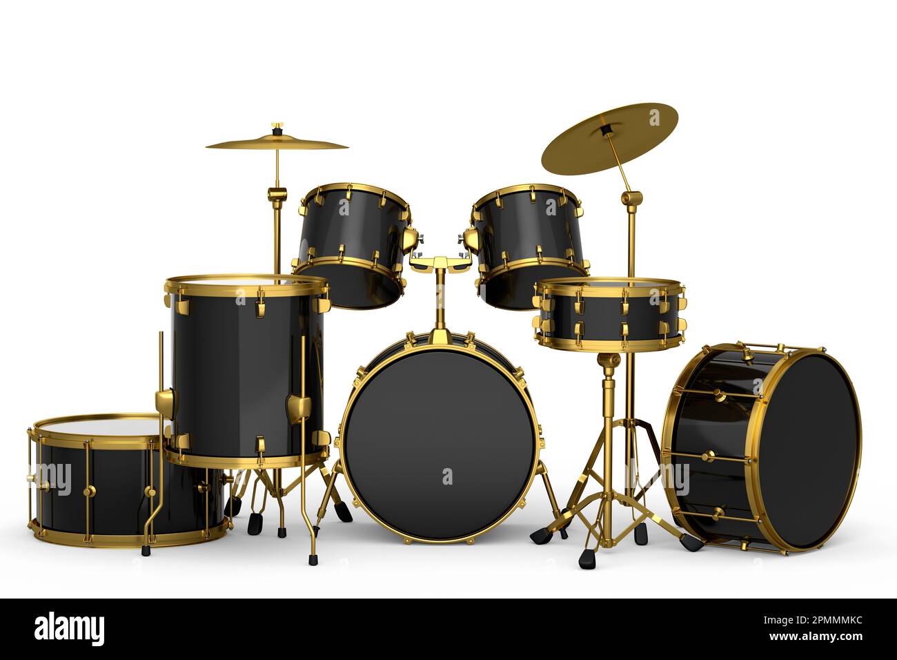 Set of realistic drums with metal cymbals on white background. 3d ...