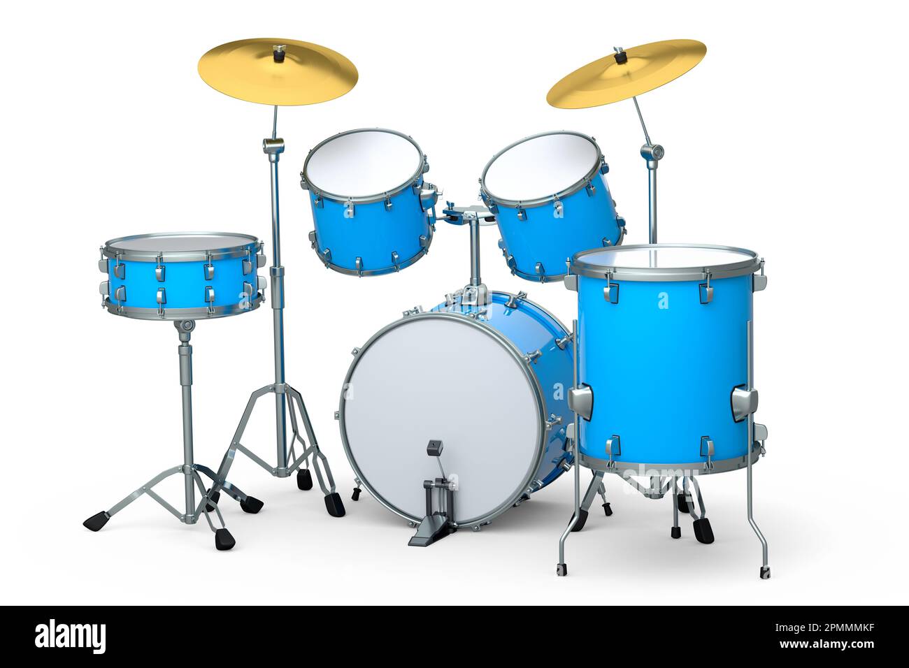 Set of realistic drums with metal cymbals on white background. 3d ...