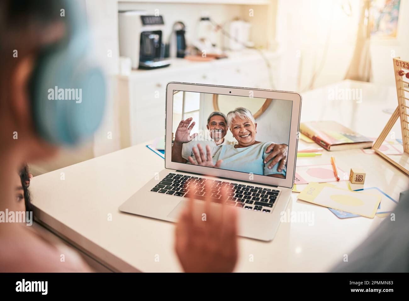 Video call, laptop screen and family wave hello for virtual ...
