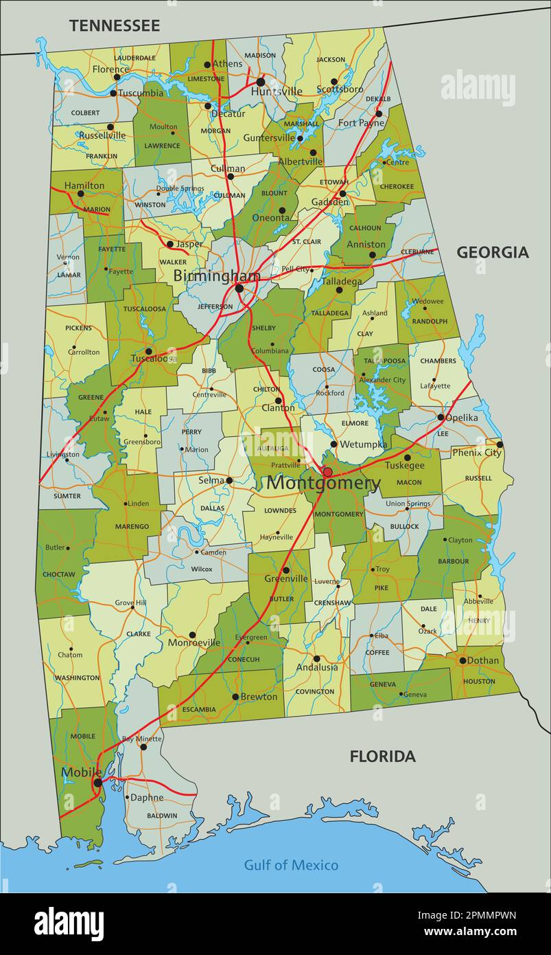 Highly detailed editable political map with separated layers. Alabama ...