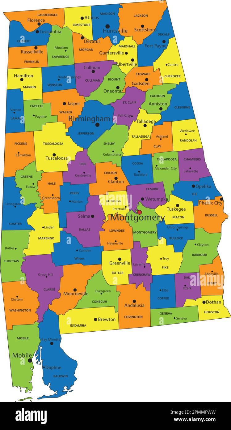 Colorful Alabama political map with clearly labeled, separated layers ...