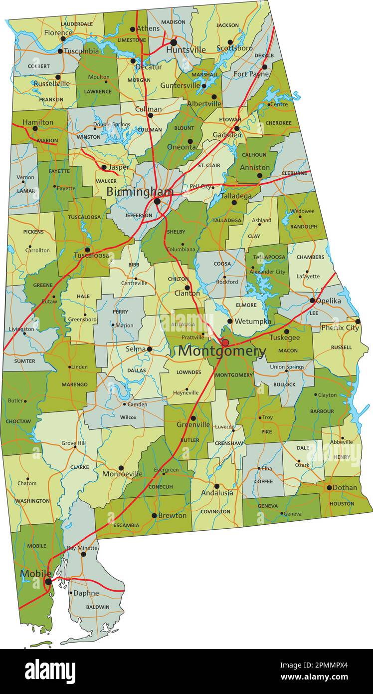 Highly detailed editable political map with separated layers. Alabama ...