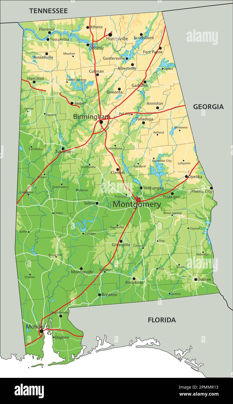 High detailed Alabama physical map with labeling Stock Vector Image ...