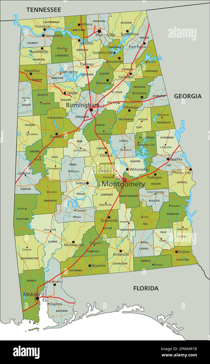 Highly detailed editable political map with separated layers. Alabama ...