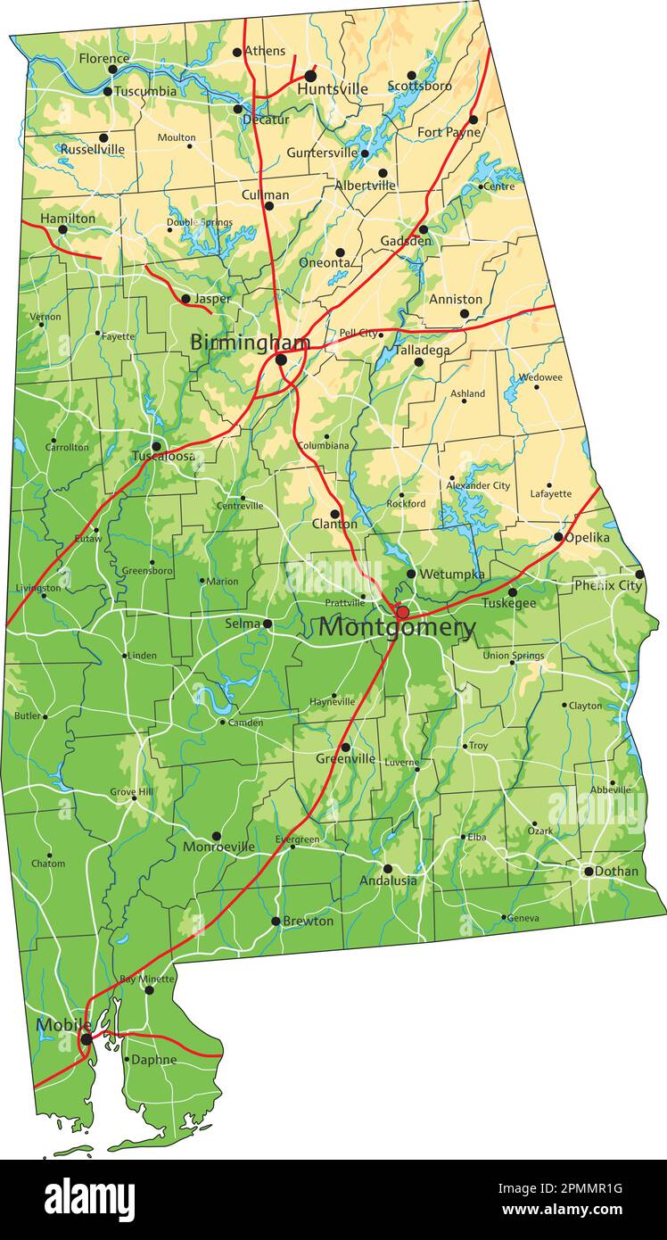 High detailed Alabama physical map with labeling Stock Vector Image ...