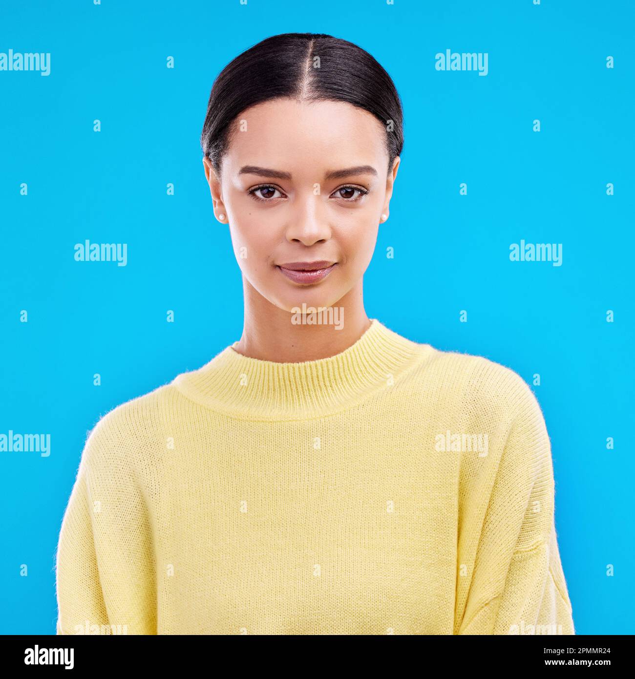 Portrait, serious and woman in studio, relaxed and confident against a ...