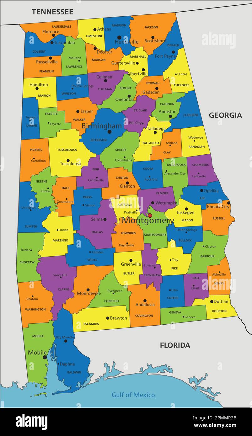 Colorful Alabama political map with clearly labeled, separated layers ...
