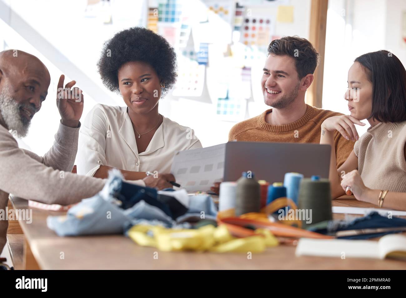 Fashion, design and leadership, team at workshop with ideas for pattern ...