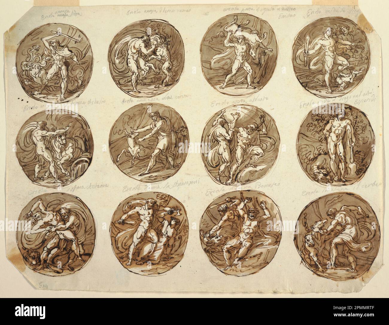 Drawing, Twelve Circular Medallions with Representations of the Deeds ...