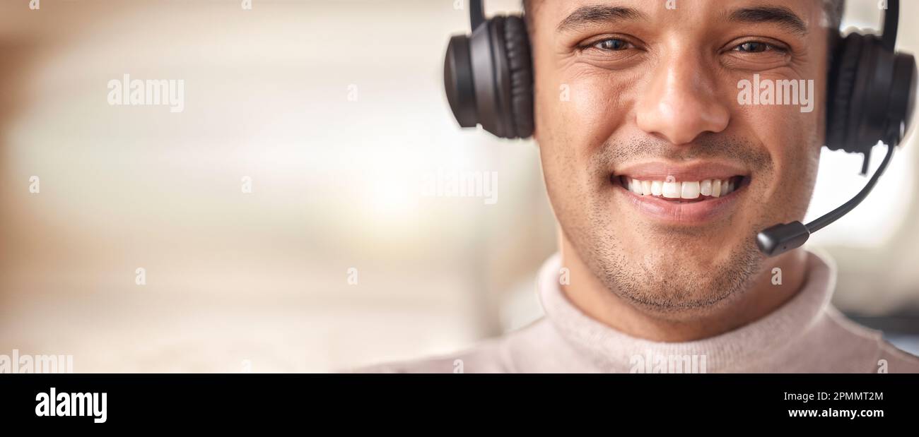 Call center man, smile and portrait in contact us, CRM and headset with ...